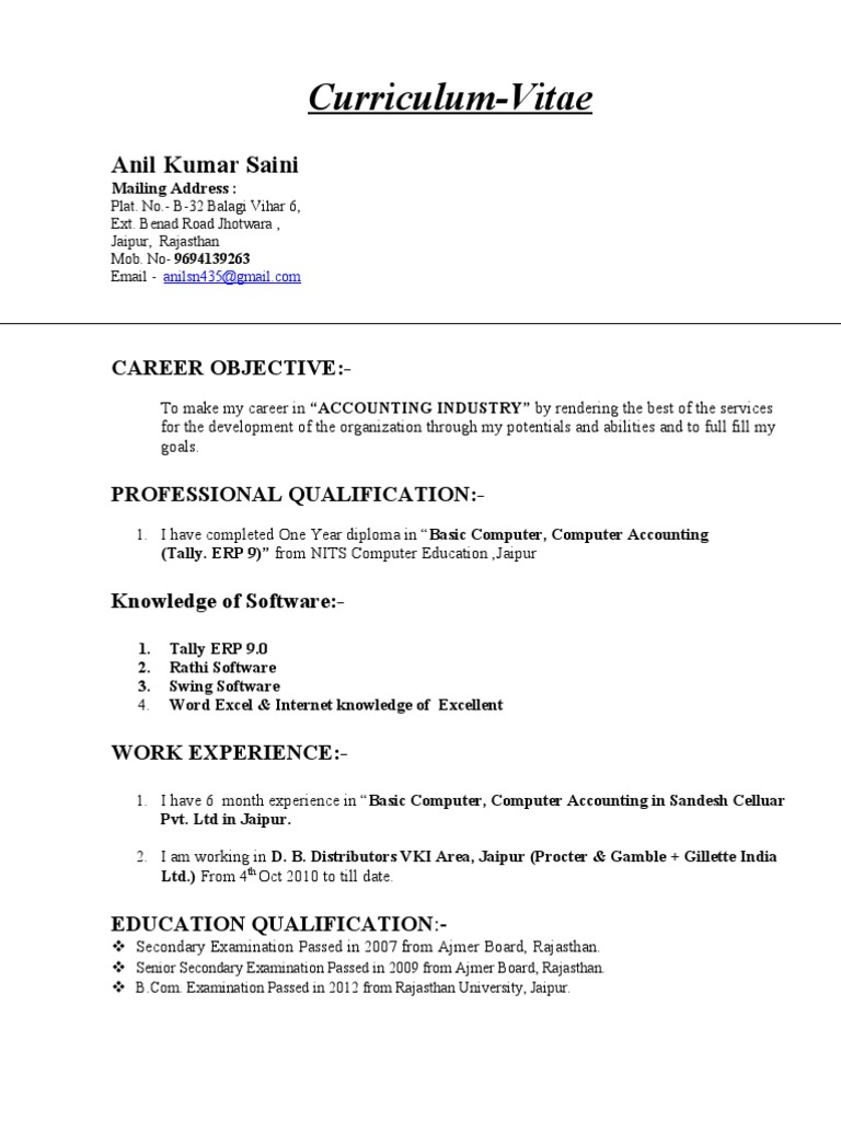 Anil Kumar Saini - Accounting CV | PDF