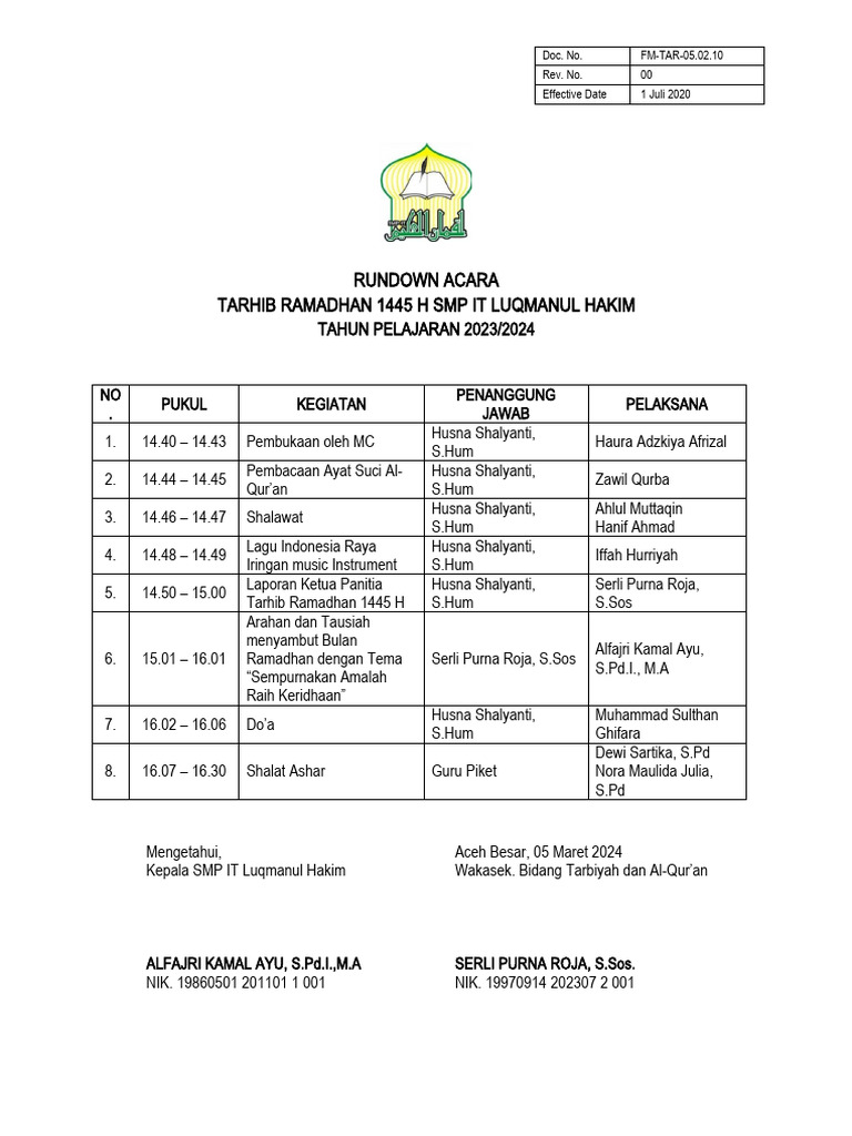 FM-TAR-05.02.10 - Lap. Gebyar Ramadhan - 2023-2024 - Tarhib - Rundown Acara | PDF