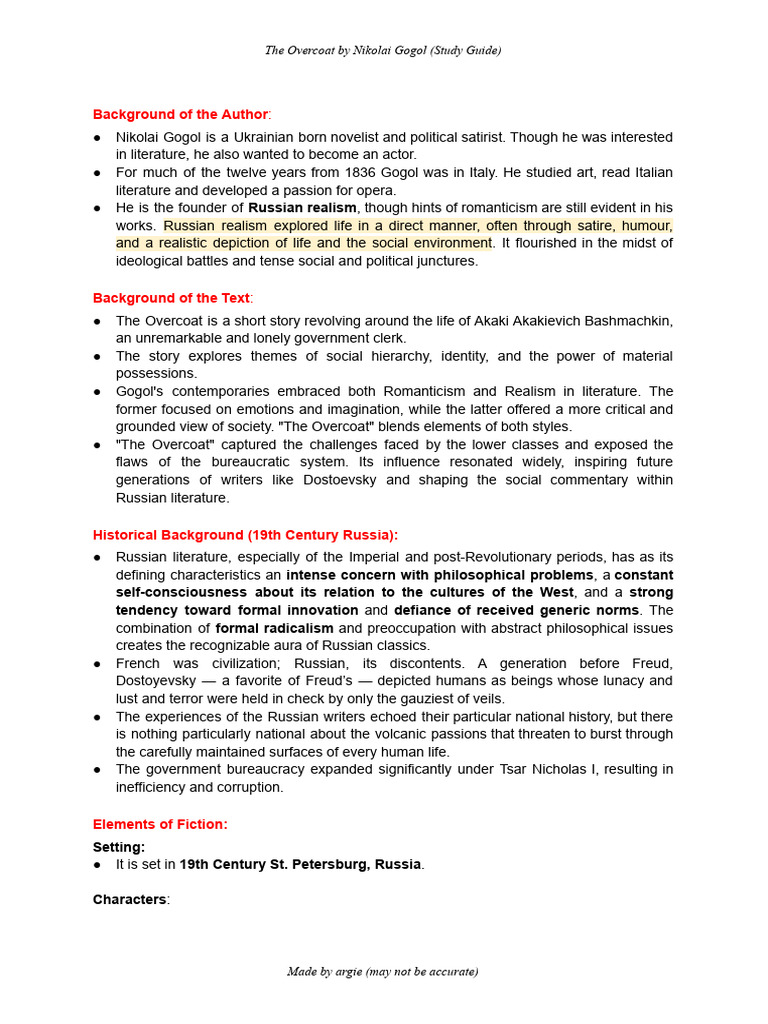 The Overcoat by Nikolai Gogol Notes | PDF | Nikolai Gogol