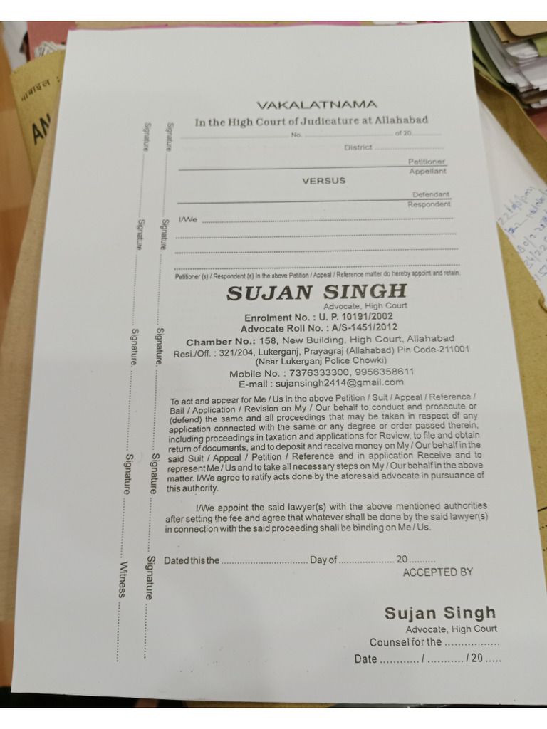 Vakalatnama Sujan Singh | PDF