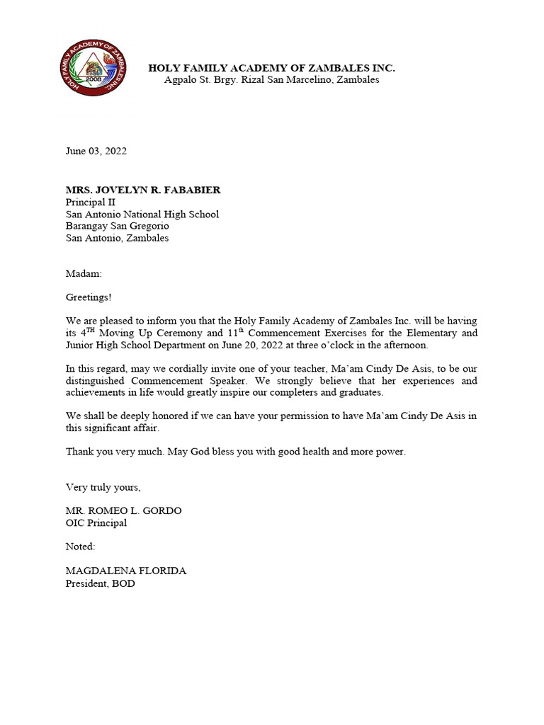 Letter For Commencement Speaker | PDF