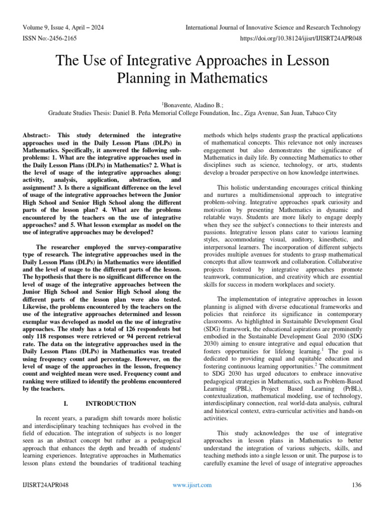 The Use of Integrative Approaches in Lesson Planning in Mathematics | Download Free PDF ...