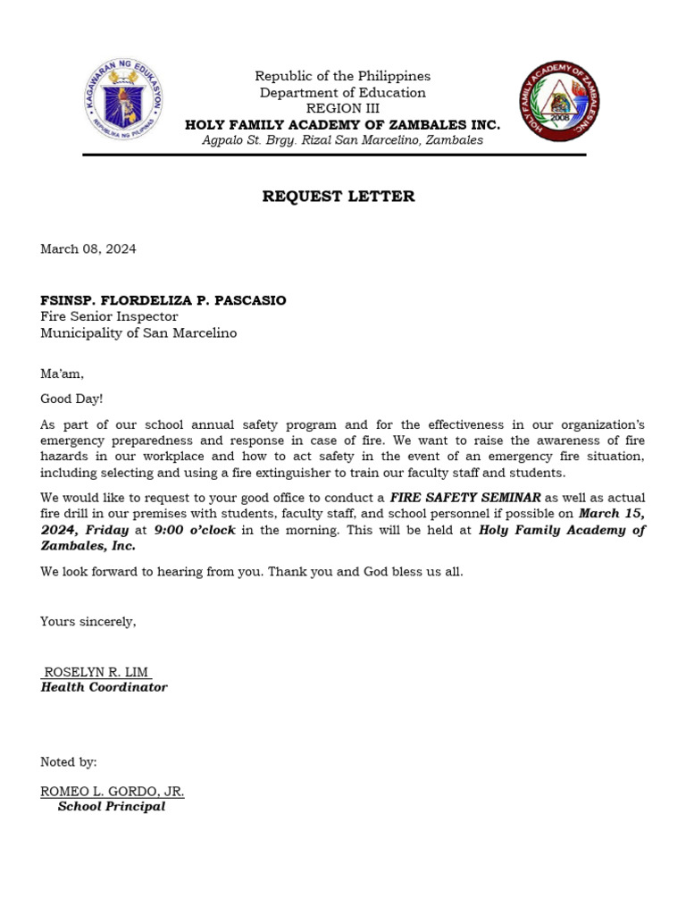 Fire Safety Seminar Request Letter | PDF