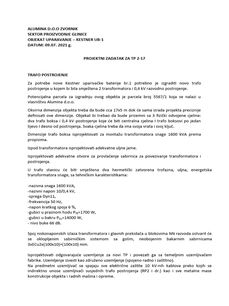 Projektini Zadatak Za Projektovanje Novog Trafo Postrojenja TP 2-17 | PDF