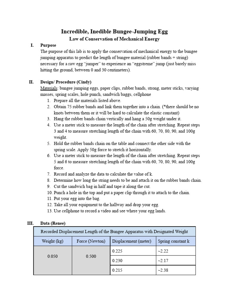 Bungee Eggs Lab Report - Cindy, Renee, Alina | PDF | Force | Measurement