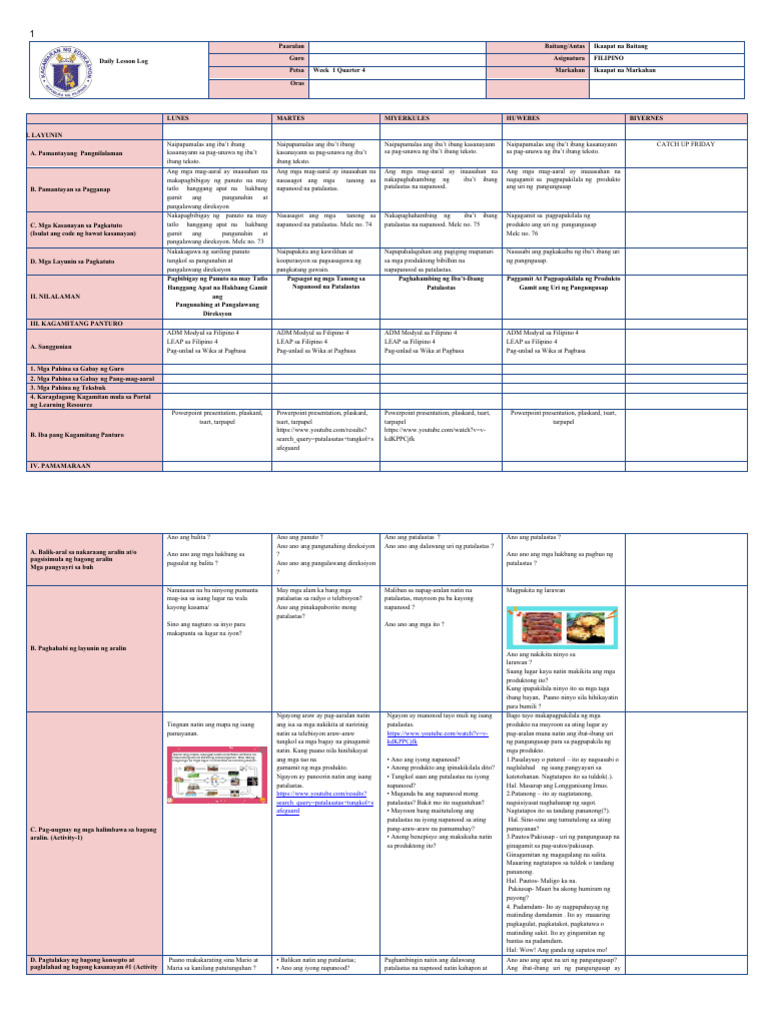 Filipino 4 - Q4 - W 1 DLL | PDF