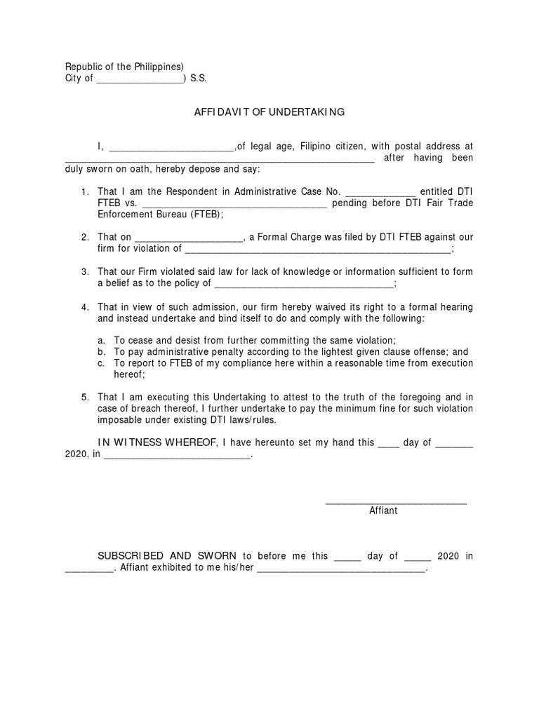 Affidavit of Undertaking for DTI Compliance | PDF | Finance & Money ...