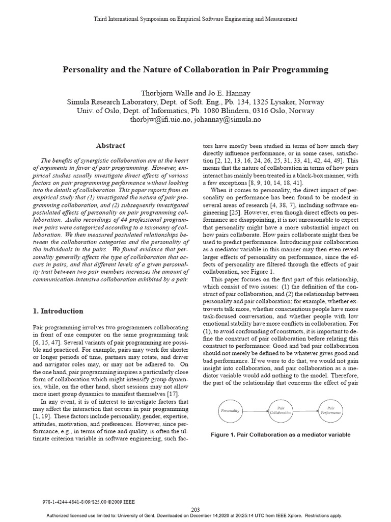 Personality and Pair Programming | PDF Personality and Pair Programming | PDF