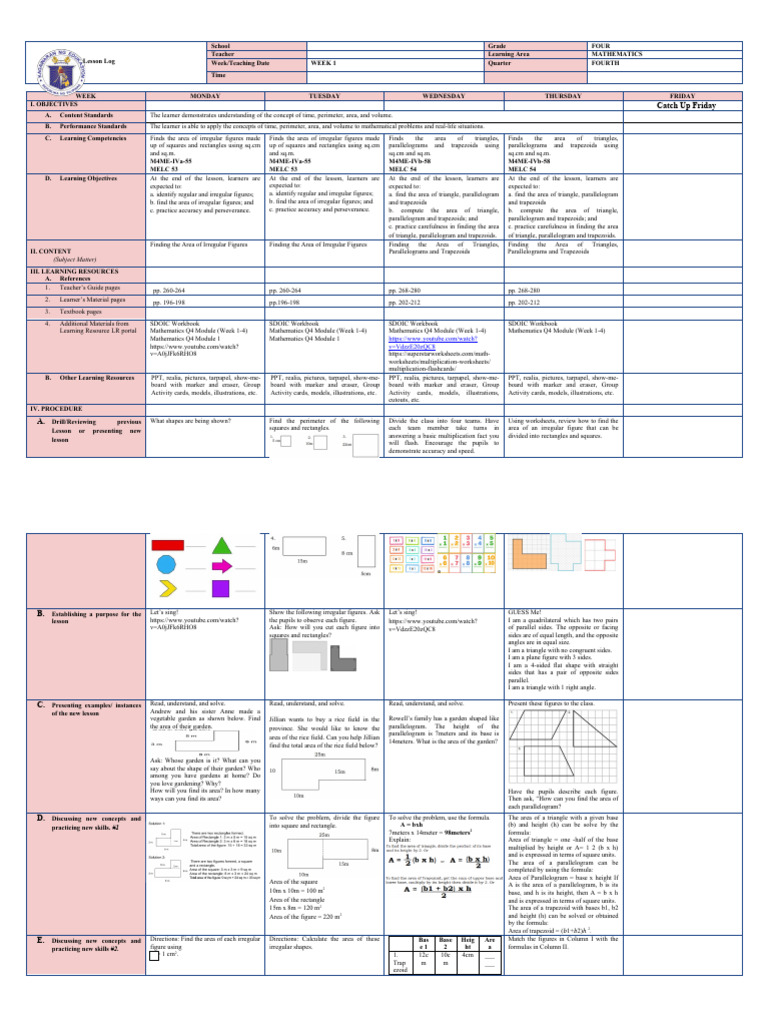 Math 4 Q4 Week 1 DLL | PDF | Area | Rectangle