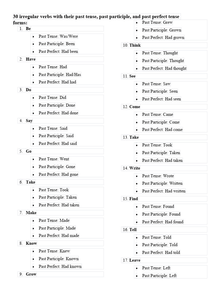 30 Irregular Verbs With Their Past Tense | PDF | Perfect (Grammar ...