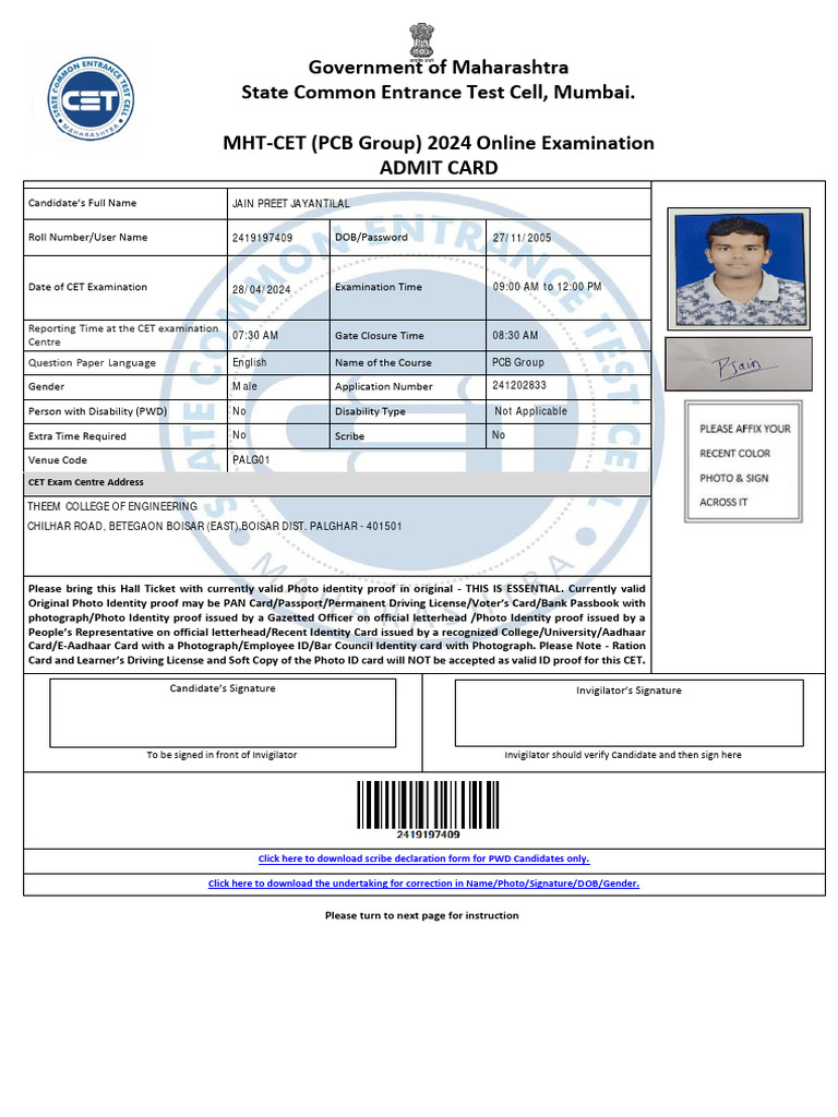 Government of Maharashtra State Common Entrance Test Cell, Mumbai. MHT ...