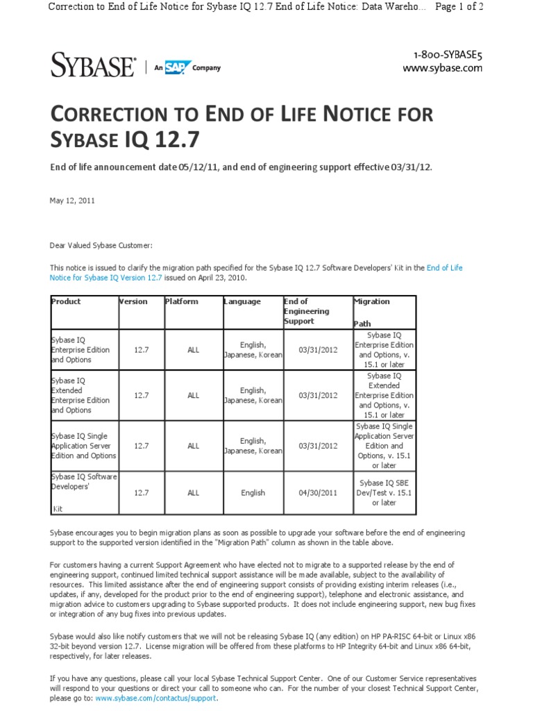 Correction To End of Life Notice For Sybase IQ 12.7 | PDF | 64 Bit ...