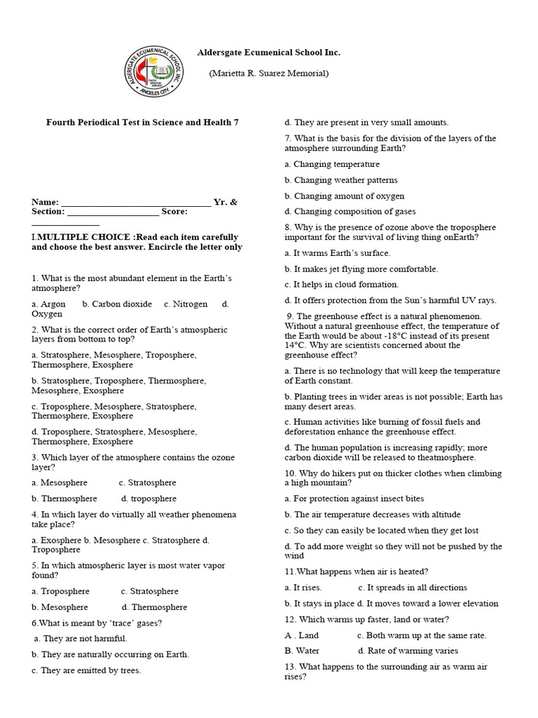 Science 7 Fourth Quarter | PDF | Atmosphere Of Earth | Stratosphere