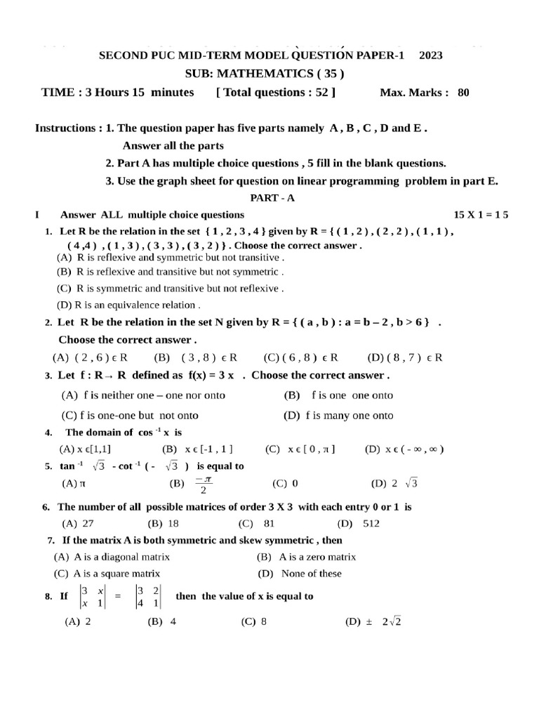 Mid Term Sample Paper 1 Maths | PDF