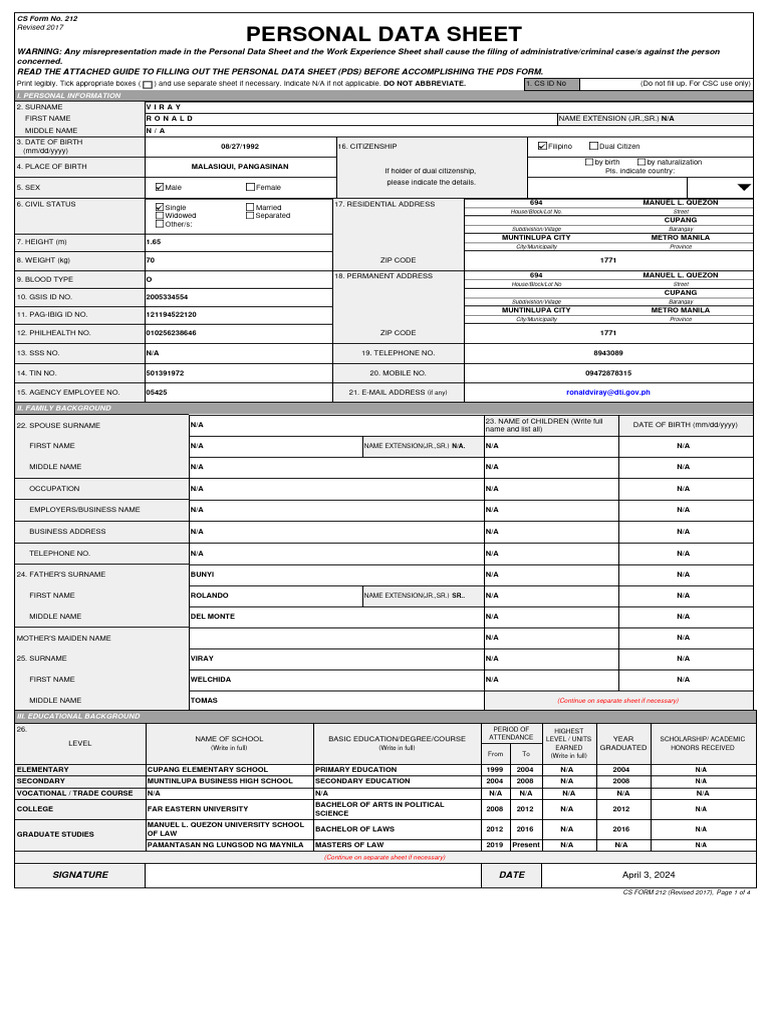 Personal Data Sheet CS Form 212 | PDF | Crimes | Crime & Violence