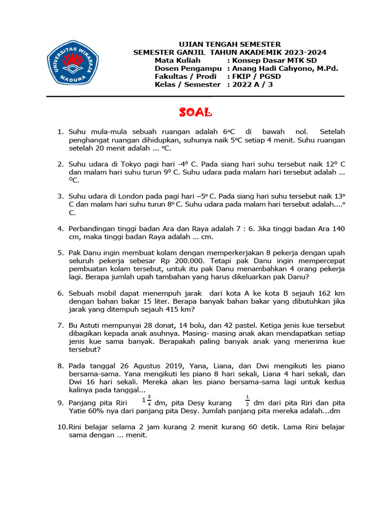 Soal Uts Kondas MTK SD Ganjil 2023-2024-Kelas 2022 A | PDF