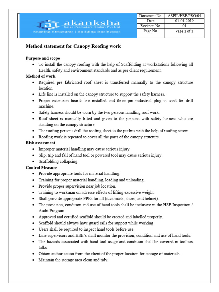 4 Method Statement For Canopy Roofing Work | PDF | Personal Protective ...