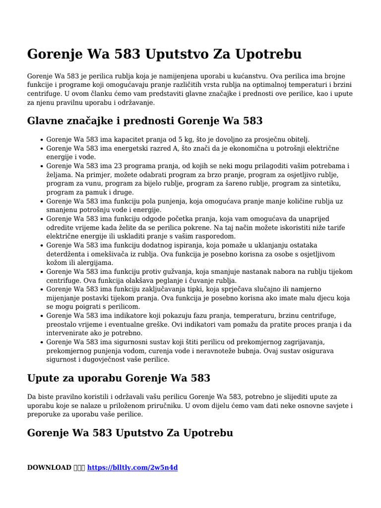 Gorenje Wa 583 Uputstvo Za Upotrebu | PDF
