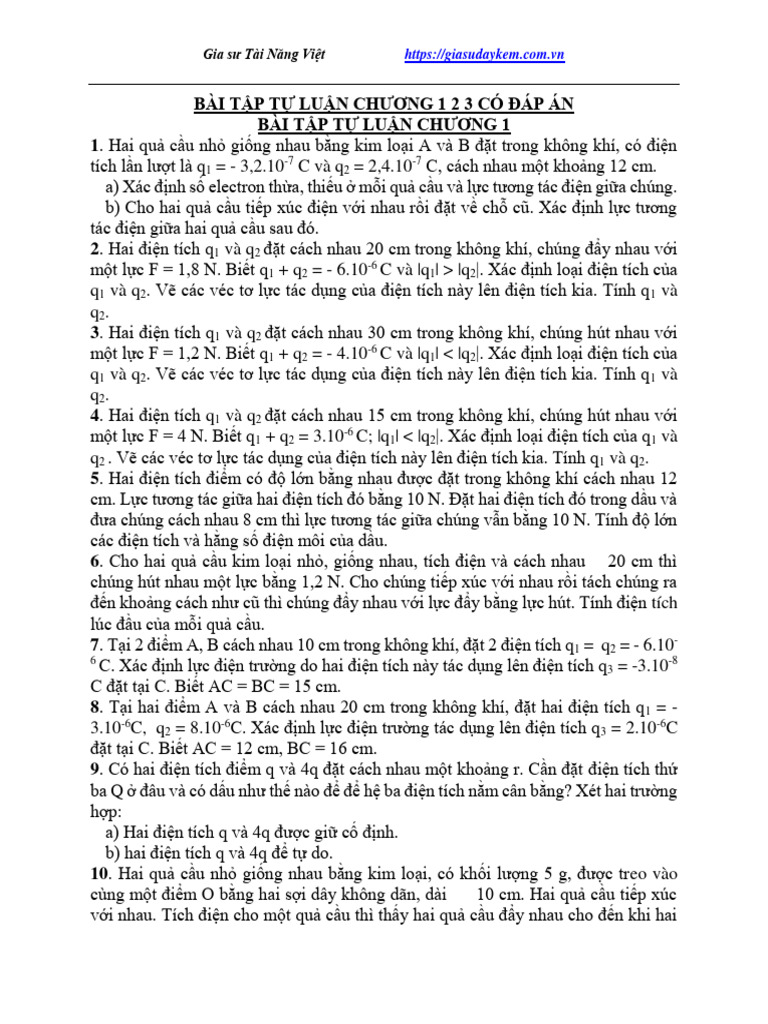 Bai Tap Tu Luan Mon Vat Ly Lop 10 Bai Tap Tu Luan Chuong 1 2 3 Co Dap An | PDF