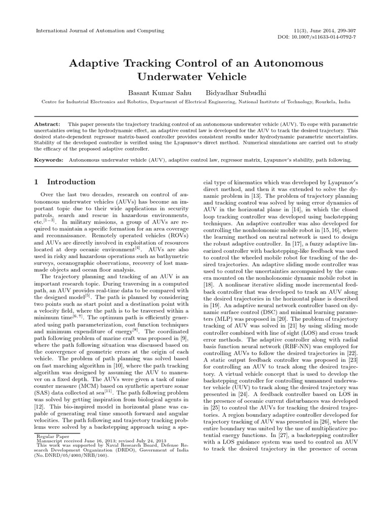 Adaptive Tracking Control Of An Autonomous Underwater Vehicle Pdf