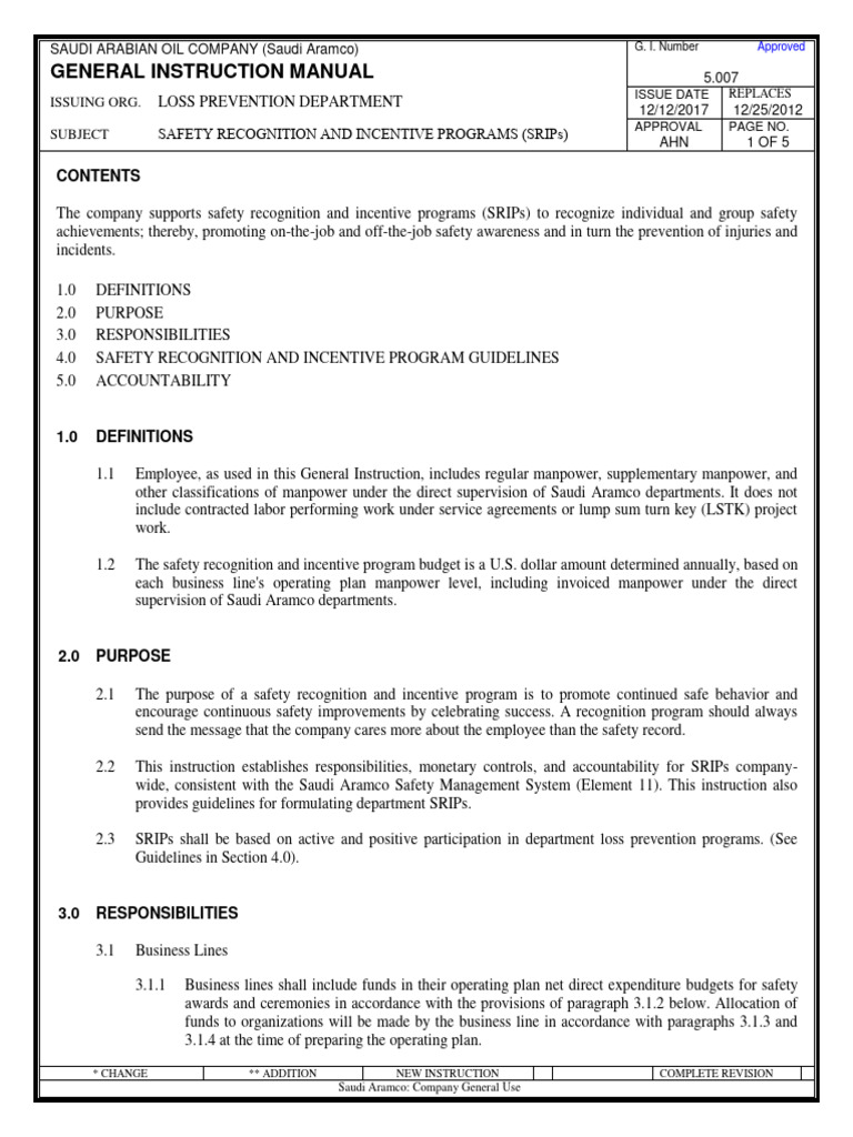 General Instruction Manual: Safety Recognition and Incentive Programs ...