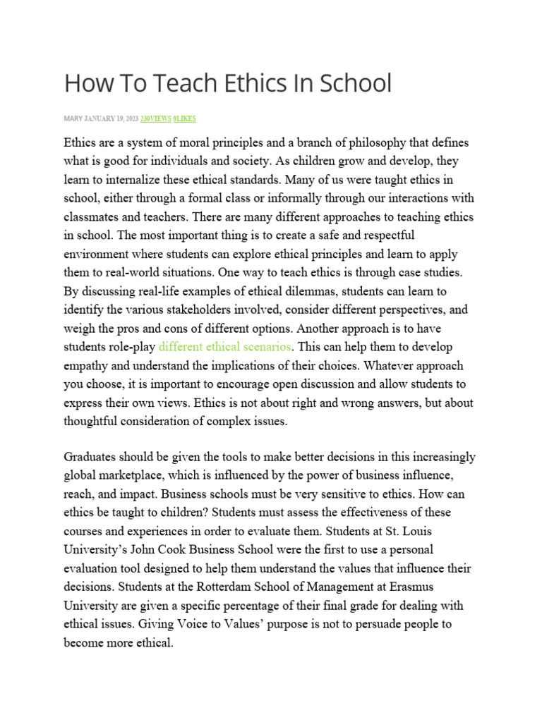 Teaching Ethics in Elementary Schools | PDF | Morality | Teachers