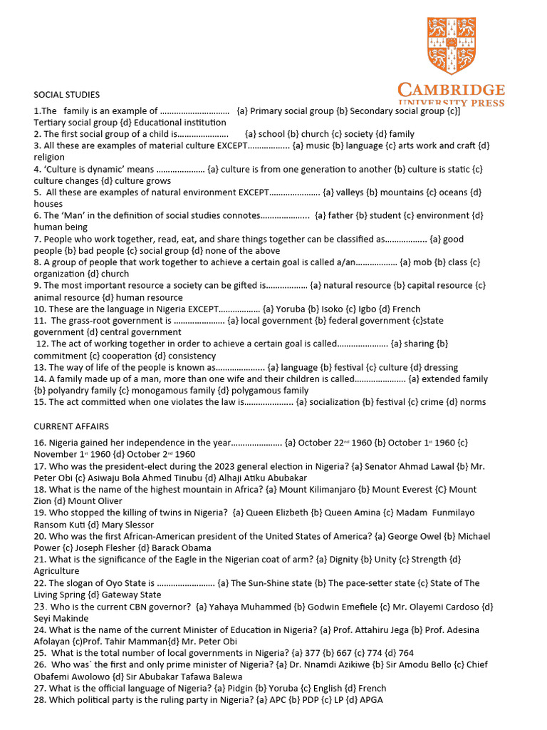 Common Entrance Question Social Studies and Current Affairs | Download ...