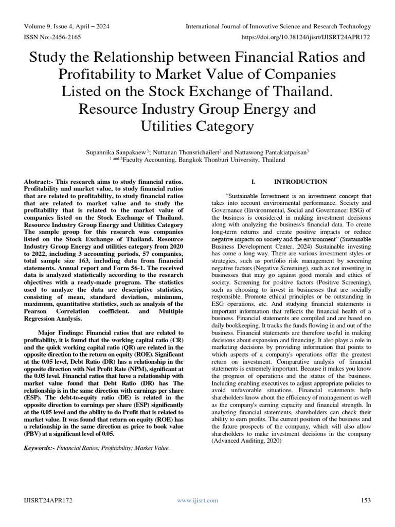 Study The Relationship Between Financial Ratios and Profitability To ...