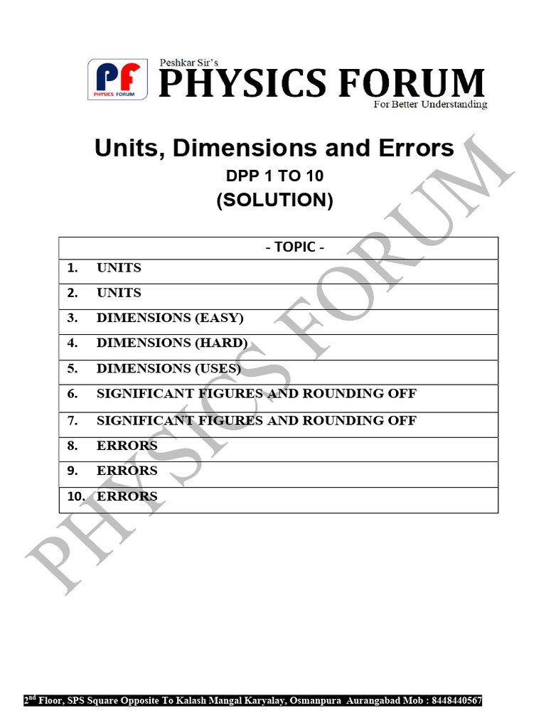 Units, Dimensions and Errors: (Solution) | PDF | Applied Mathematics