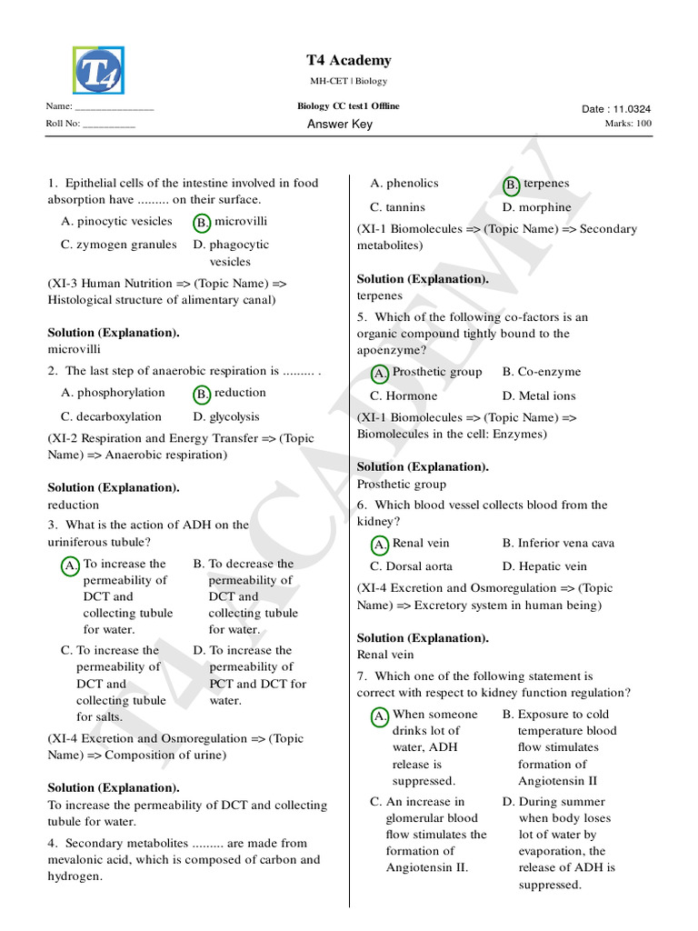 11th CET-Bio Ans Key - 11.03.24 | PDF | Cellular Respiration | Electron Transport Chain