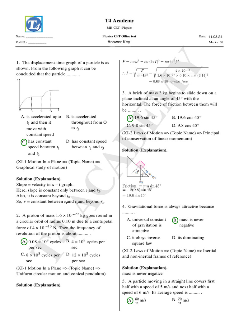 11th CET-Phy Ans Key - 11.3.24 | PDF | Force | Acceleration