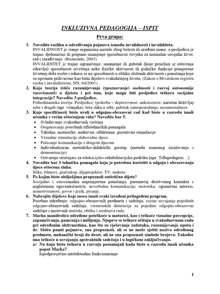 Inkluzivna Pedagogija - Ispit (1) .PDF Â Verzija 1 | PDF