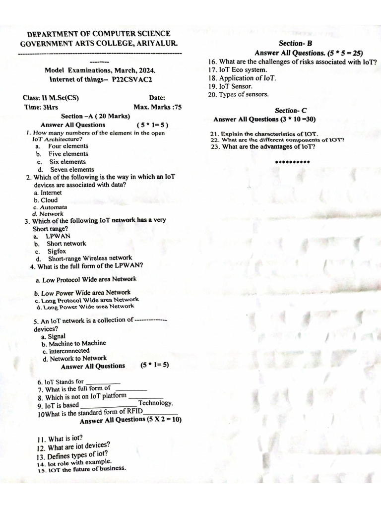 IoT Model Question Paper | PDF
