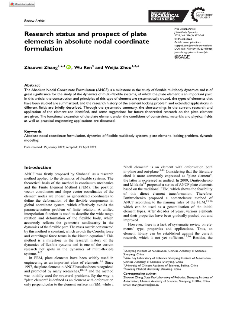 Zhang Et Al 2022 Research Status And Prospect Of Plate Elements In Absolute Nodal Coordinate