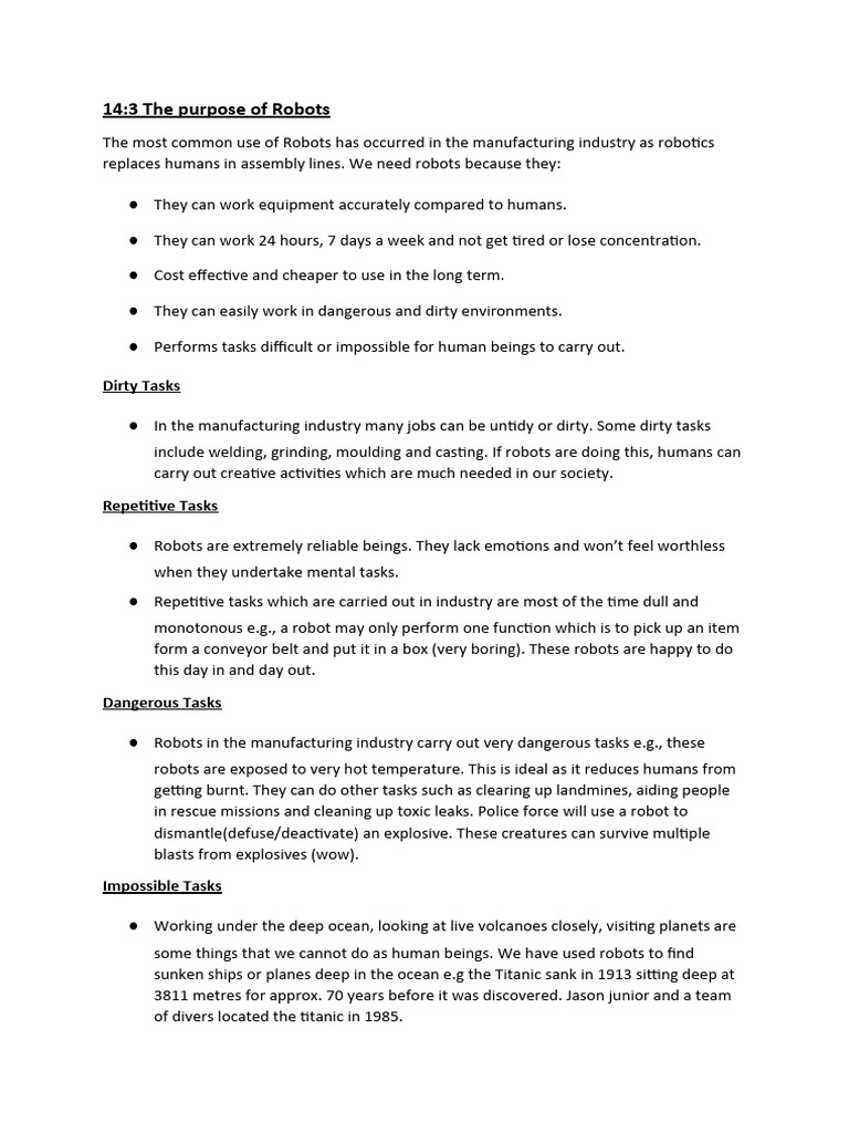 Unit 3 - The Purpose of Robots | PDF | Robot | Robotics