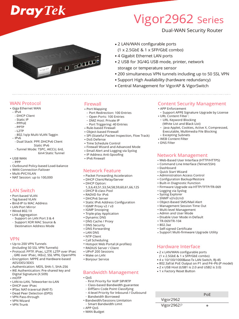 Draytek Vigor 2962 Datasheet | PDF | I Pv6 | Firewall (Computing)