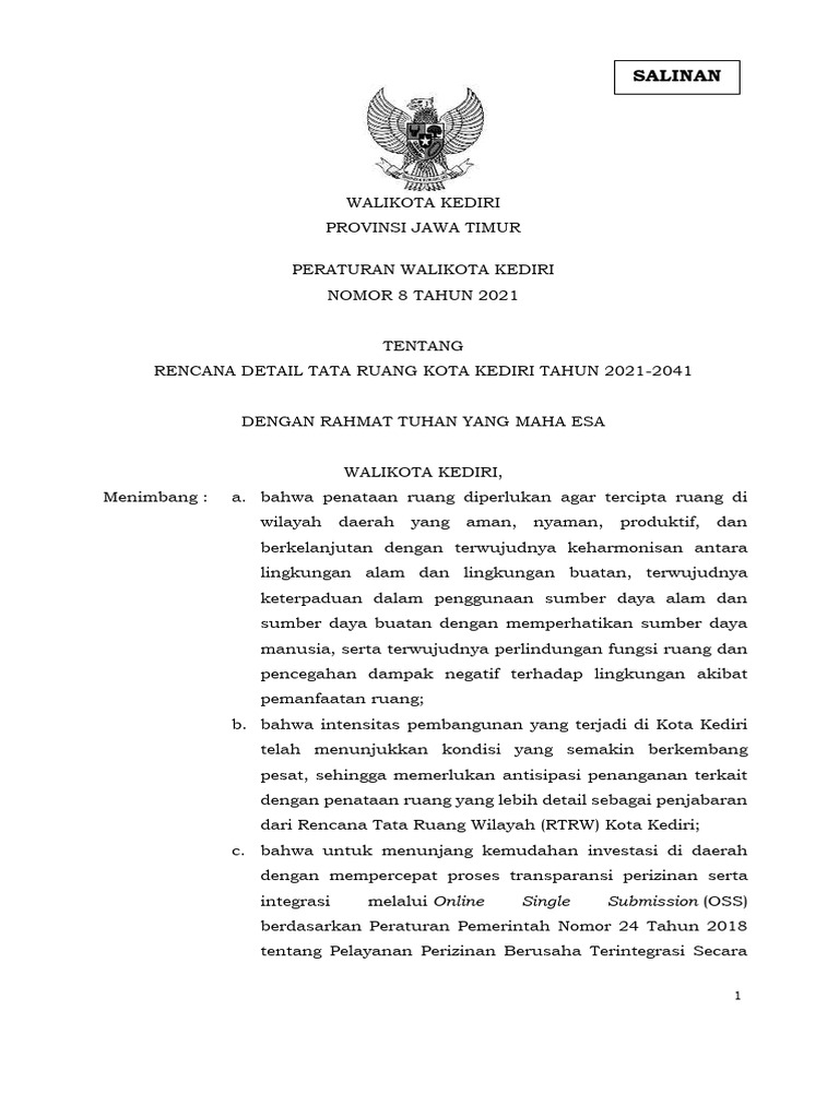 Salinan Perkada RDTR Kota Kediri Ok | PDF | Pengelolaan Keuangan & Uang ...