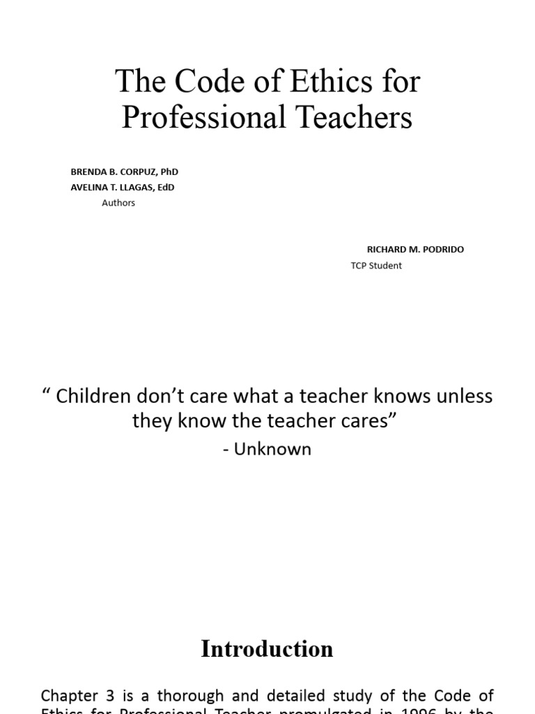 Code of Ethics for Teachers Guide | PDF | Teachers | Preschool