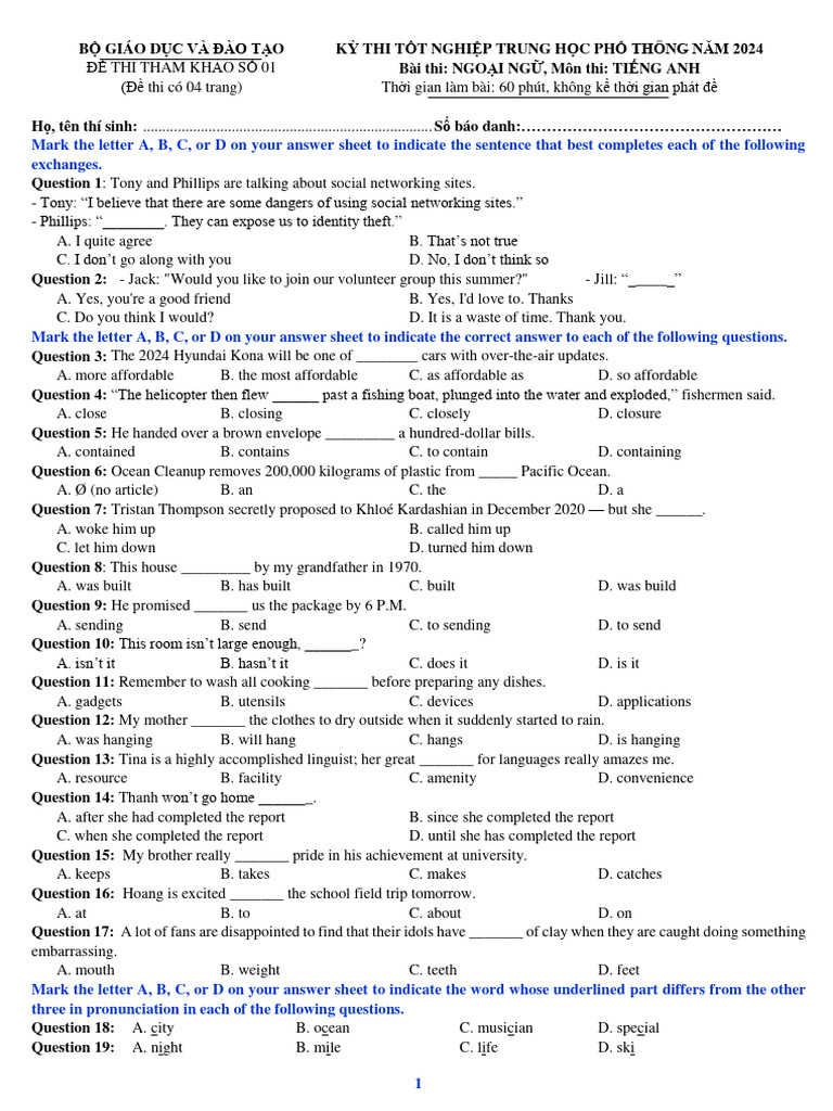 Ten English Tests 2024 + Key | PDF | Cyberbullying | Dolphin