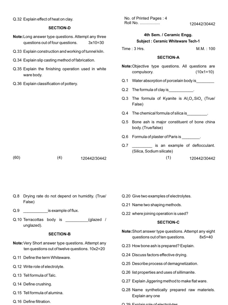 4th Sem. / Ceramic Engg. Subject: Ceramic Whiteware Tech-1 Section-D | PDF | Pottery | Ceramic Art
