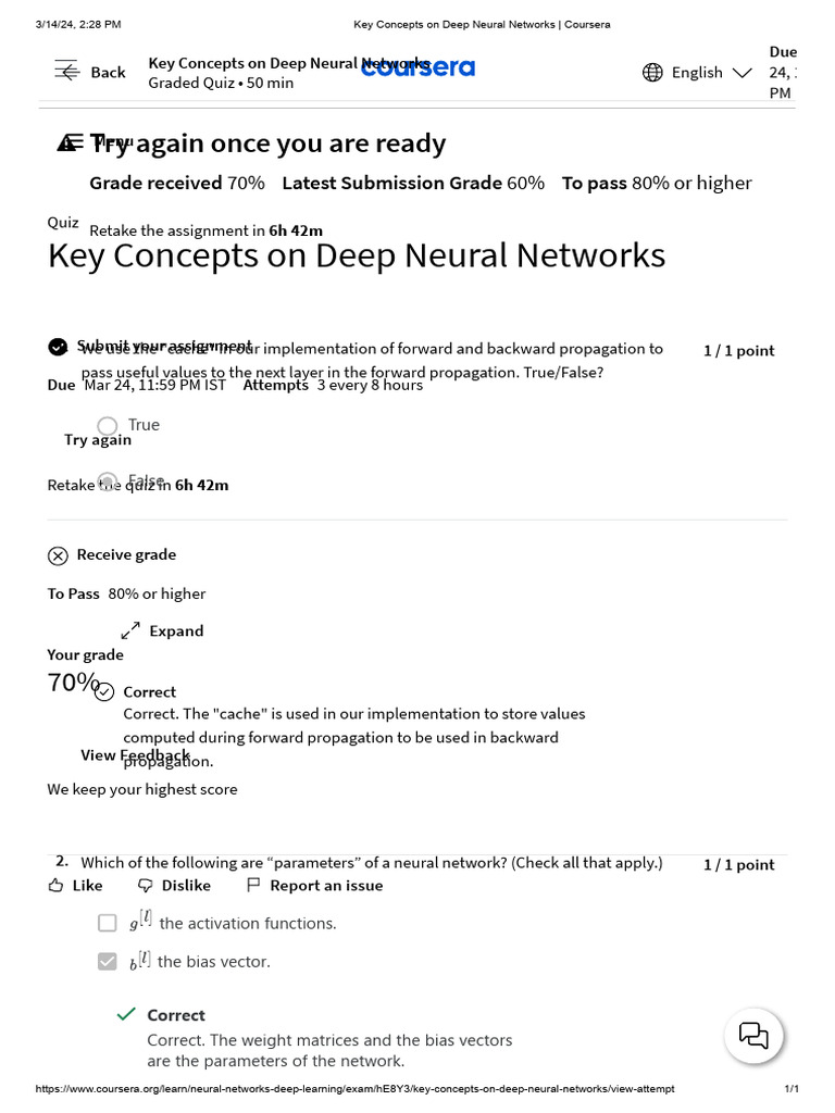 Key Concepts On Deep Neural Networks - Coursera | PDF