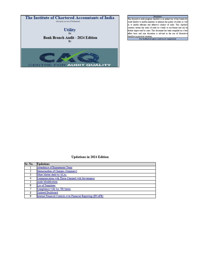 Bank Branch Audit Tool - 2024 Edition | PDF | Financial Audit | Audit