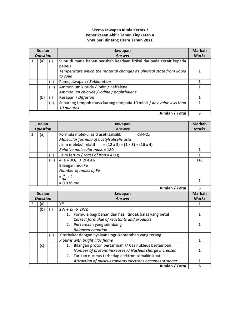 Skema Jawapan Kimia K2 Akhir Tahun T4 2021 | PDF