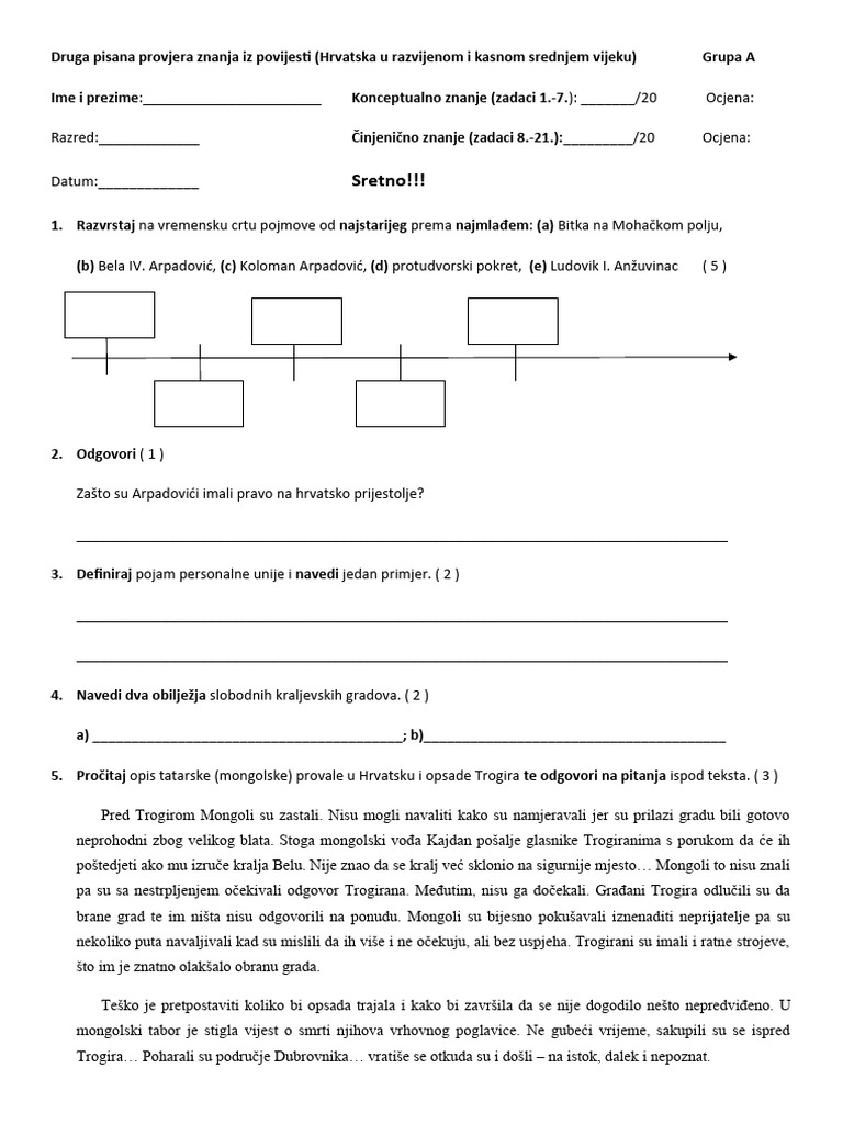 Druga Pisana Provjera Znanja Iz Povijesti - Hrvatska U Razvijenom I Kasnom Srednjem Vijeku | PDF