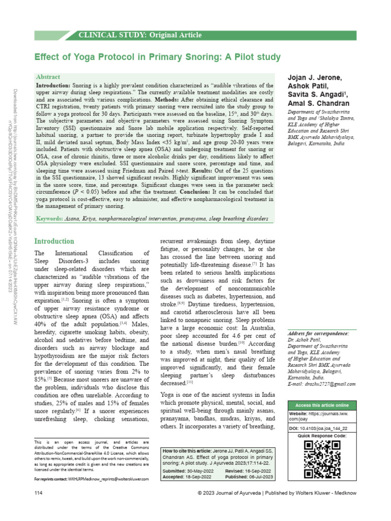 Effect of Yoga Protocol in Primary Snoring A.6 | PDF | Snoring | Human Diseases And Disorders