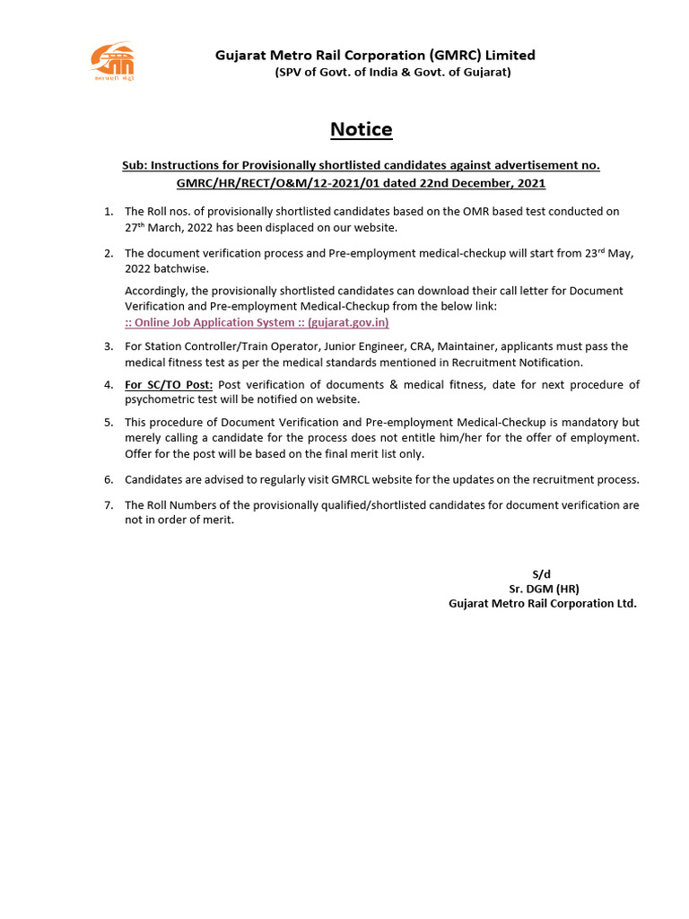 Instructions To Provisional Shortlisted Candidates | PDF