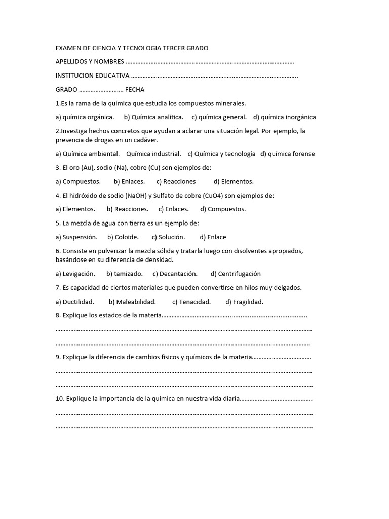 Examen de Ciencia y Tecnologia Tercer Grado | PDF