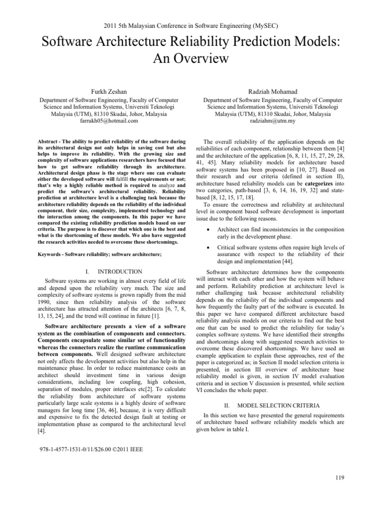 Software Architecture Reliability Prediction Models An Overview Pdf Reliability Engineering