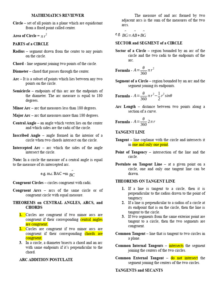 Mathematics Reviewer | PDF | Circle | Angle
