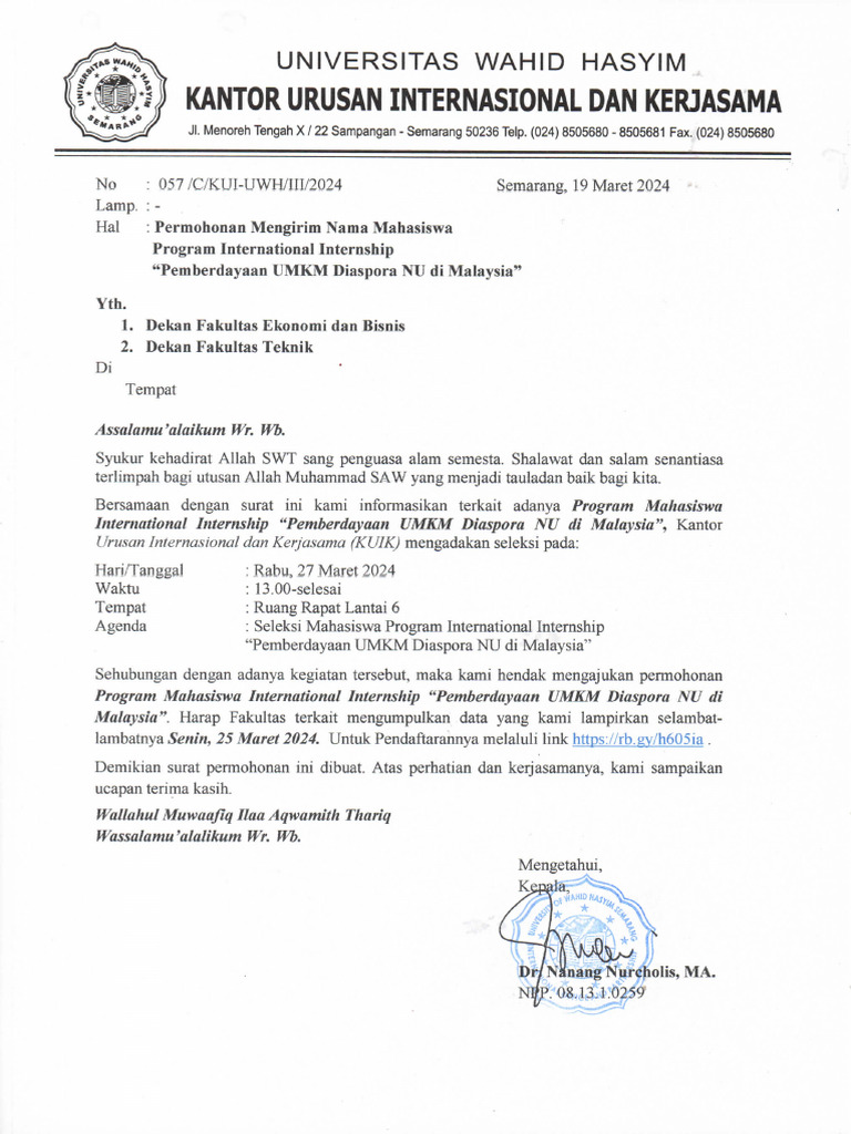 Permohonan Mengirim Nama Mahasiswa Untuk Program International ...